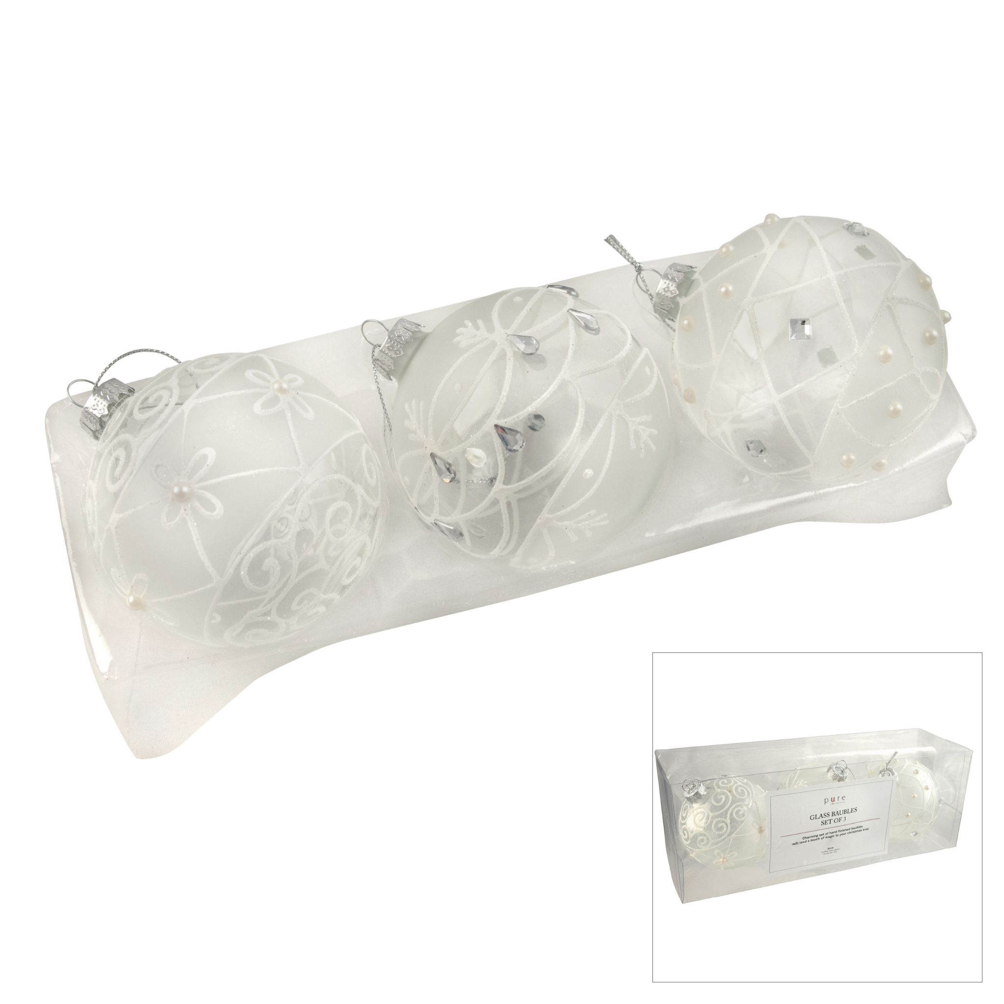 Glass Bauble Set of 3 | Clear White – Merchants